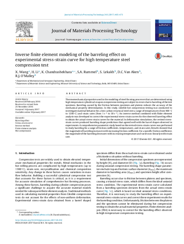 Pdf Inverse Finite Element Modeling Of The Barreling Effect On Experimental Stress Strain