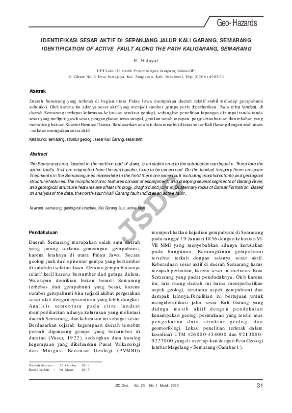 (PDF) Geo-Hazards IDENTIFIKASI SESAR AKTIF DI SEPANJANG JALUR KALI ...