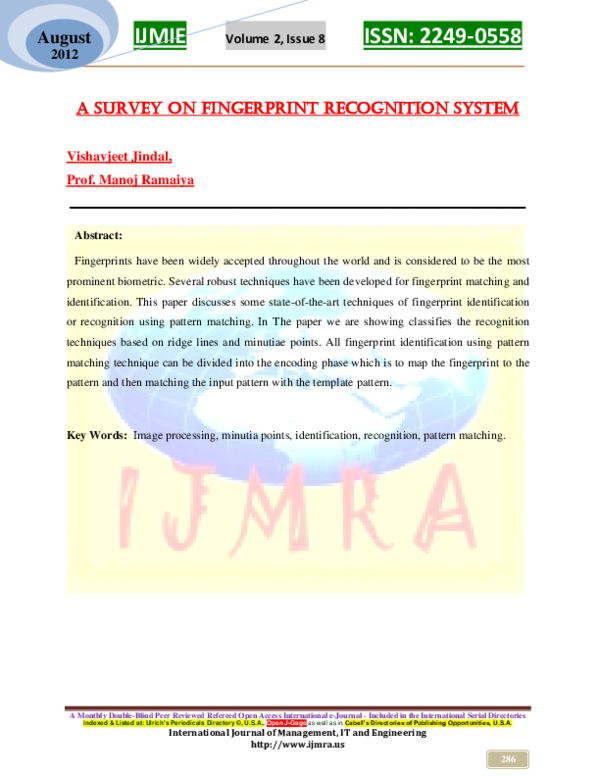 (PDF) A Survey on Fingerprint Recognition System