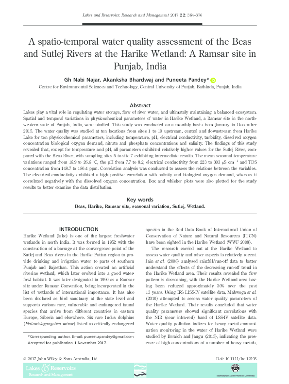 (PDF) A spatio-temporal water quality assessment of the Beas and Sutlej Rivers at the Harike ...