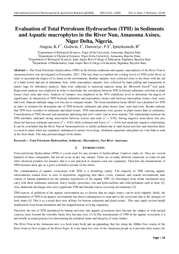 (PDF) Evaluation of Total Petroleum Hydrocarbon (TPH) in Sediments and ...