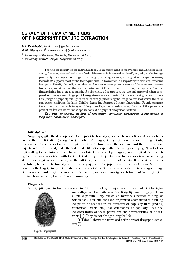 Pdf Survey Of Primary Methods Of Fingerprint Feature Extraction