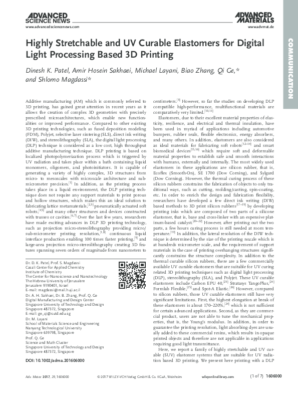 (PDF) Highly Stretchable and UV Curable Elastomers for Digital Light Processing Based 3D Printing
