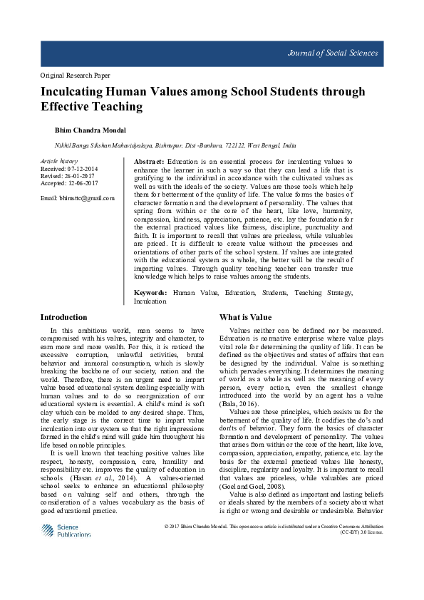 (PDF) Inculcating Human Values among School Students through Effective ...