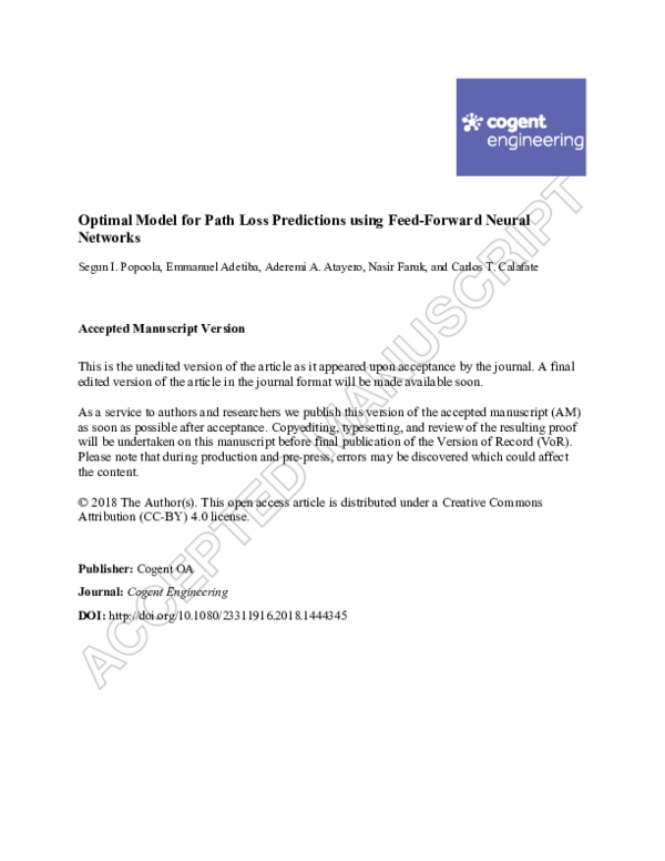 Pdf Optimal Model For Path Loss Predictions Using Feed Forward Neural Networks Aderemi A