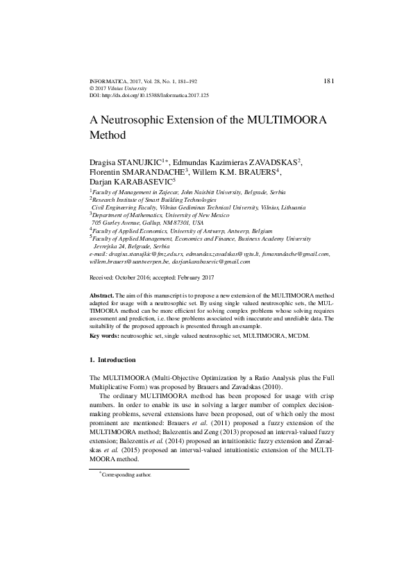 (PDF) A Neutrosophic Extension of the MULTIMOORA Method | Florentin Smarandache, willem brauers ...