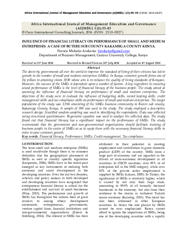 (PDF) Effect of Financial Literacy and Performance SMEs. Evidence from ...