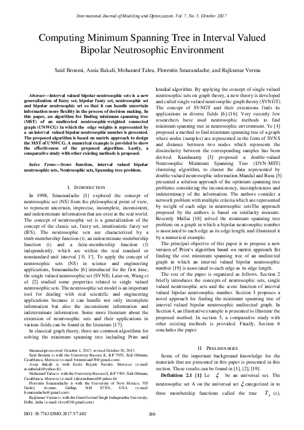 (PDF) Computing Minimum Spanning Tree in Interval Valued Bipolar Neutrosophic Environment ...