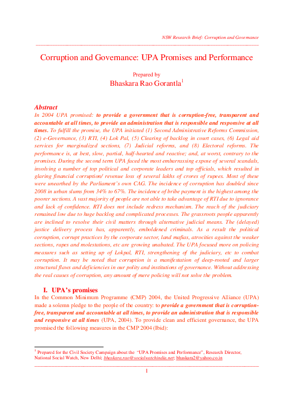 (PDF) Corruption and Governance: UPA Promises and Performance Prepared by