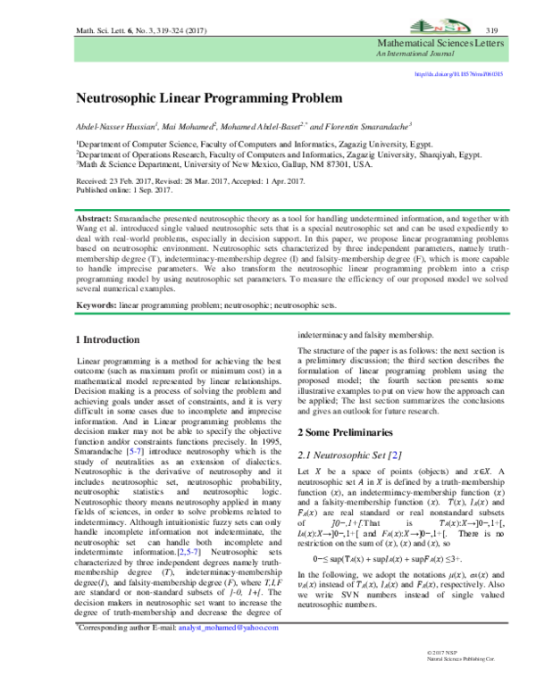 (PDF) Neutrosophic Linear Programming Problem