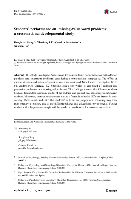 (PDF) Students' performance on missing-value word problems: a cross ...