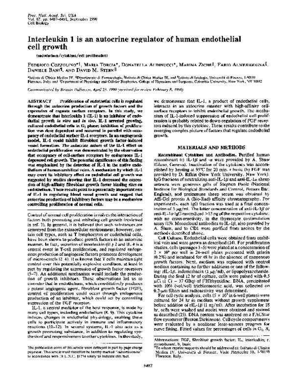 (PDF) Interleukin 1 is an autocrine regulator of human endothelial cell ...