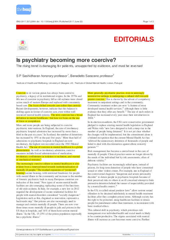 (PDF) Is psychiatry becoming more coercive
