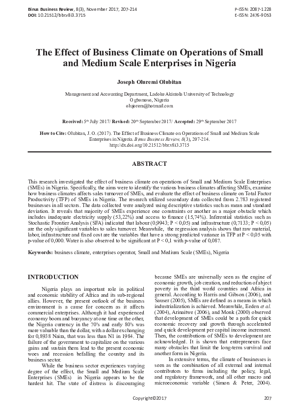 (PDF) The Effect of Business Climate on Operations of Small and Medium Scale Enterprises in Nigeria