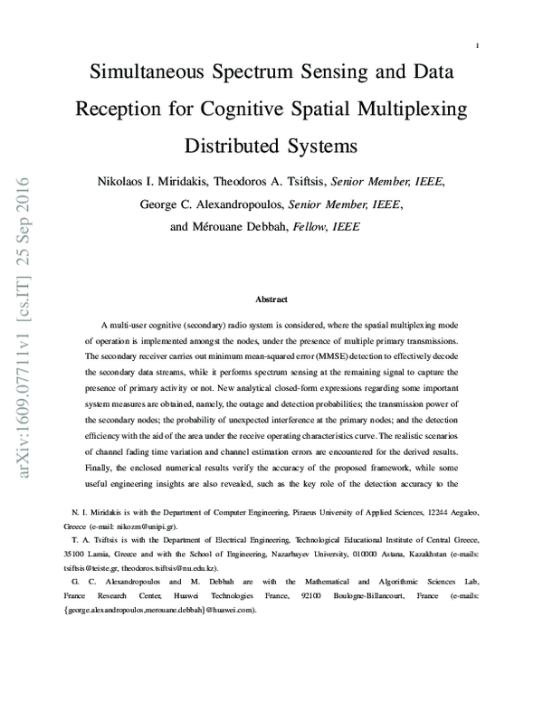 Pdf Simultaneous Spectrum Sensing And Data Reception For Cognitive Spatial Multiplexing