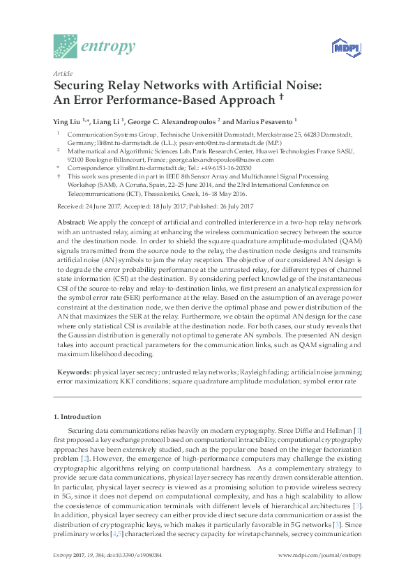 Pdf Securing Relay Networks With Artificial Noise An Error