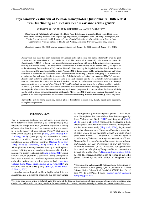 (PDF) Lin, C-Y., Griffiths, M.D. & Pakpour, A.H. (2018). Psychometric ...