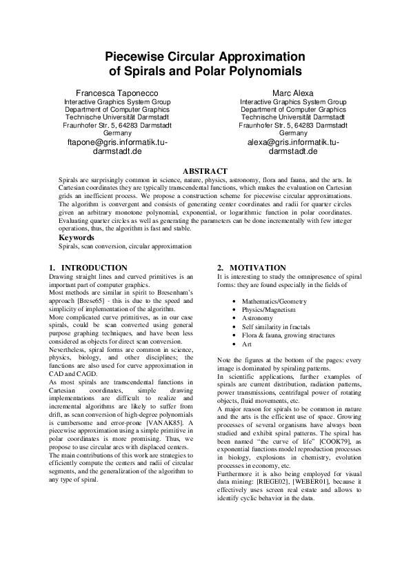 Pdf Efficient Piecewise Circular Approximation For Spirals