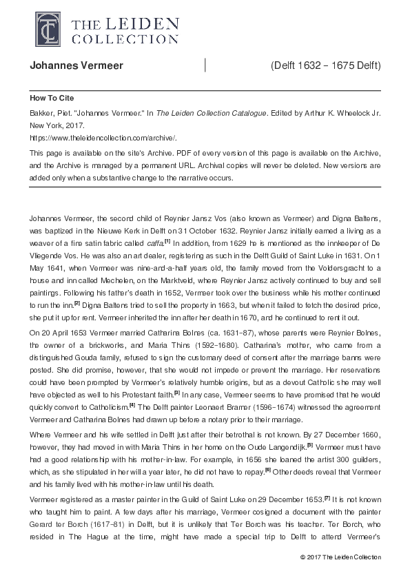 (PDF) Johannes Vermeer (1632-1675). A Biographical Sketch.