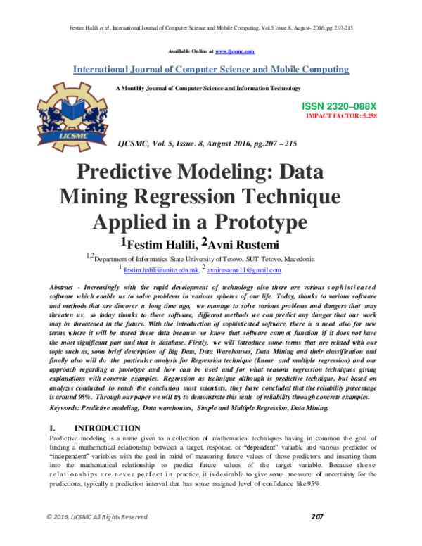 Pdf International Journal Of Computer Science And Mobile Computing Predictive Modeling Data