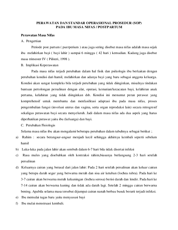 (DOC) PERAWATAN DAN STANDAR OPERASIONAL PROSEDUR (SOP) PADA IBU MASA ...