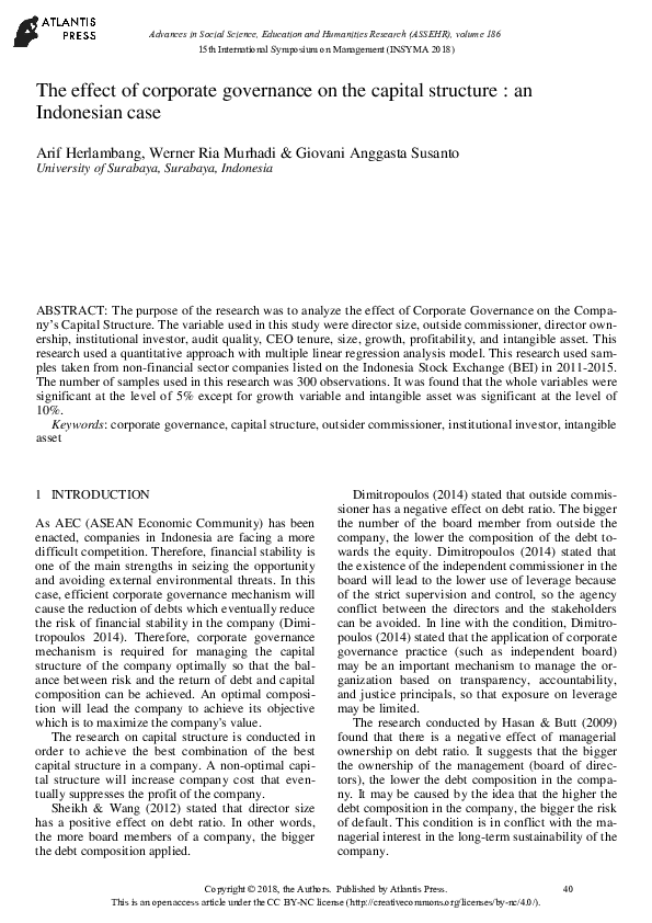 (PDF) The effect of corporate governance on the capital structure : an Indonesian case
