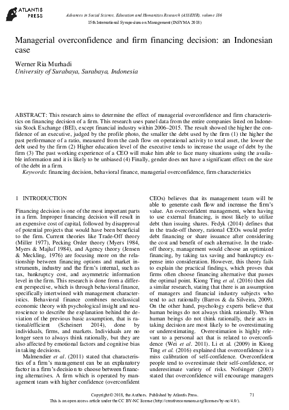 (PDF) Managerial overconfidence and firm financing decision: an Indonesian case
