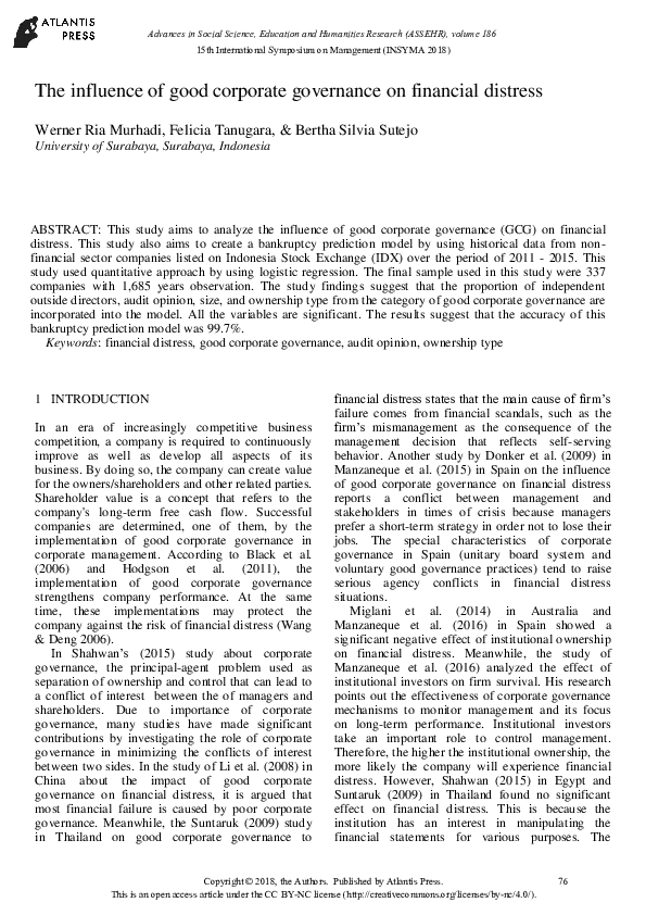 (PDF) The influence of good corporate governance on financial distress