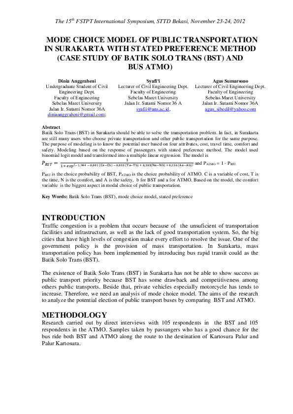(PDF) MODE CHOICE MODEL OF PUBLIC TRANSPORTATION IN SURAKARTA WITH ...
