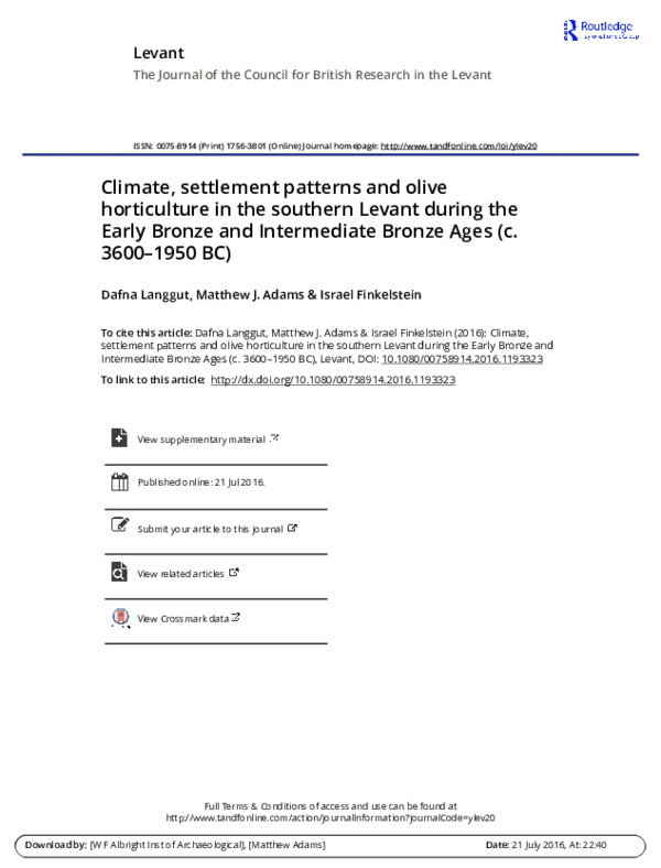 (PDF) D. Langut, M.J. Adams, and I. Finkelstein, Climate, settlement ...