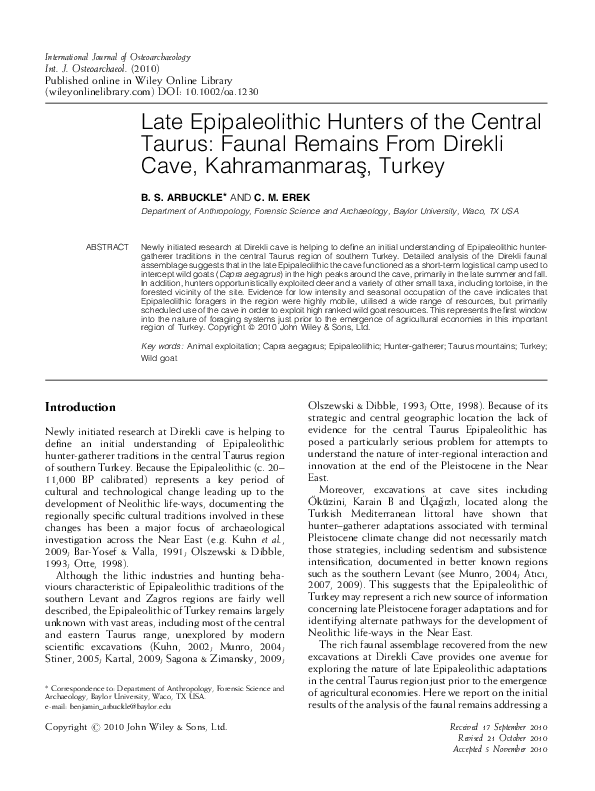 (PDF) Late Epipaleolithic hunters of the central Taurus: Faunal remains ...