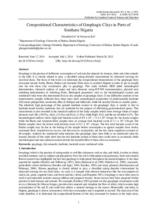 (PDF) Compositional Characteristics of Geophagic Clays in Parts of Southern Nigeria
