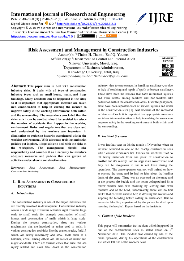 (PDF) Risk Assessment and Management in Construction Industries