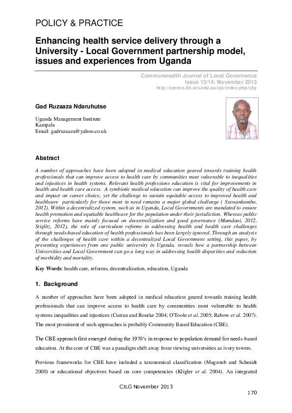 (PDF) Enhancing health service delivery through a university-local ...