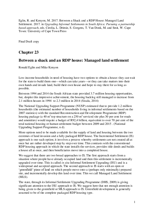 (PDF) Between a shack and an RDP house: Managed land settlement
