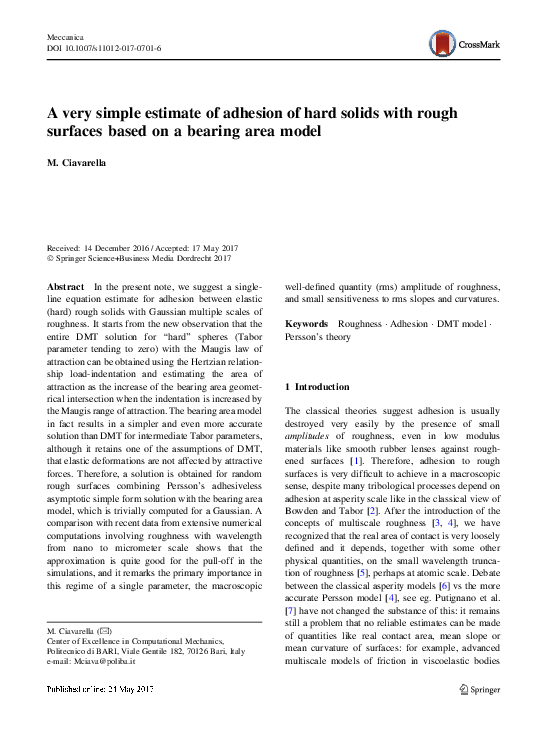 Pdf A Very Simple Estimate Of Adhesion Of Hard Solids With Rough Surfaces Based On A Bearing