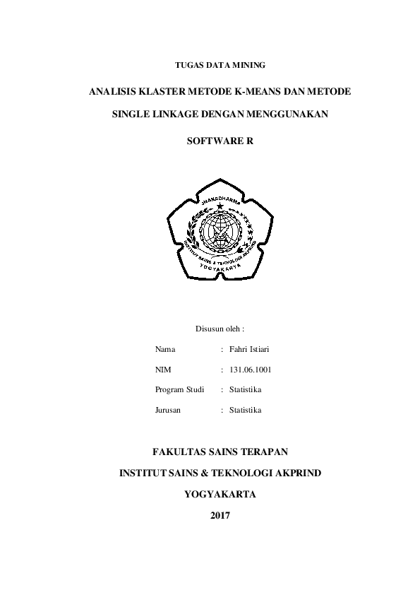 Doc Tugas Data Mining Analisis Klaster Metode K Means Dan Metode Single Linkage Dengan