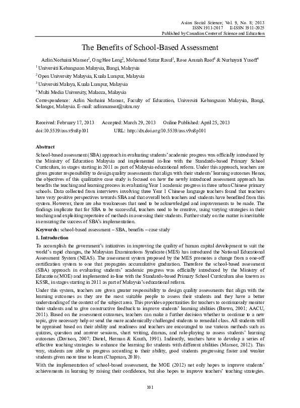 (PDF) The Benefits of School-Based Assessment | Gideon gyamfi ...