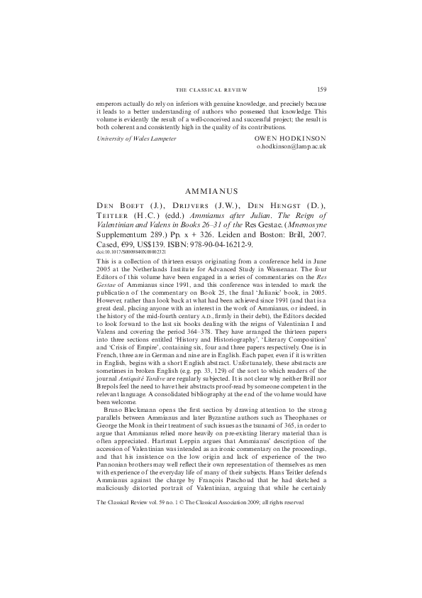 (PDF) Review of J. den Boeft et al. (eds.), Ammianus after Julian (2007)