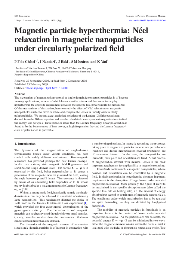(PDF) Magnetic particle hyperthermia: Néel relaxation in magnetic nanoparticles under circularly ...