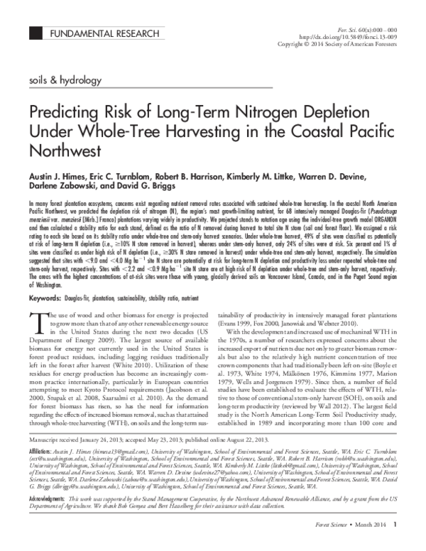 (PDF) Predicting Risk of Long-Term Nitrogen Depletion Under Whole-Tree Harvesting in the Coastal ...