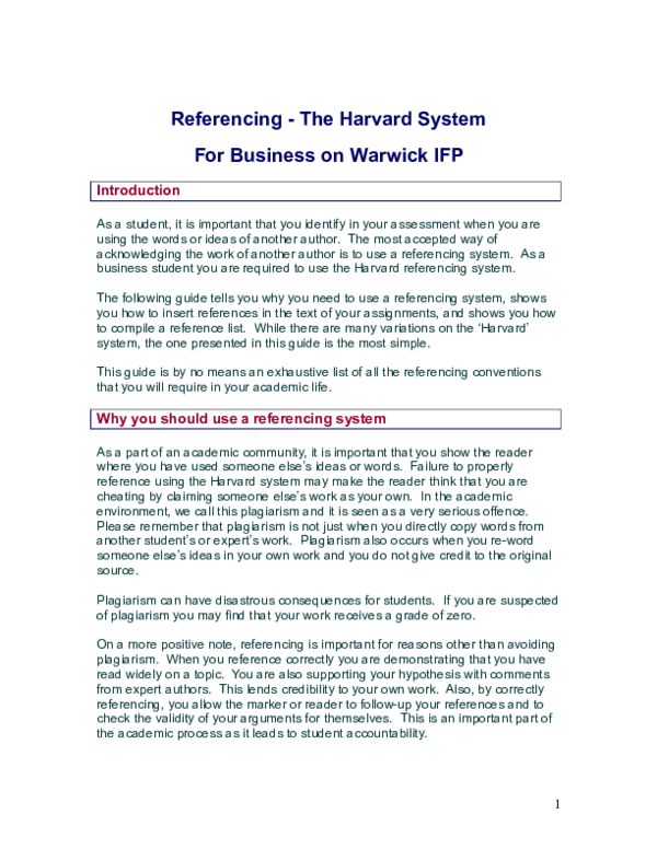 (DOC) Referencing -The Harvard System For Business on Warwick IFP