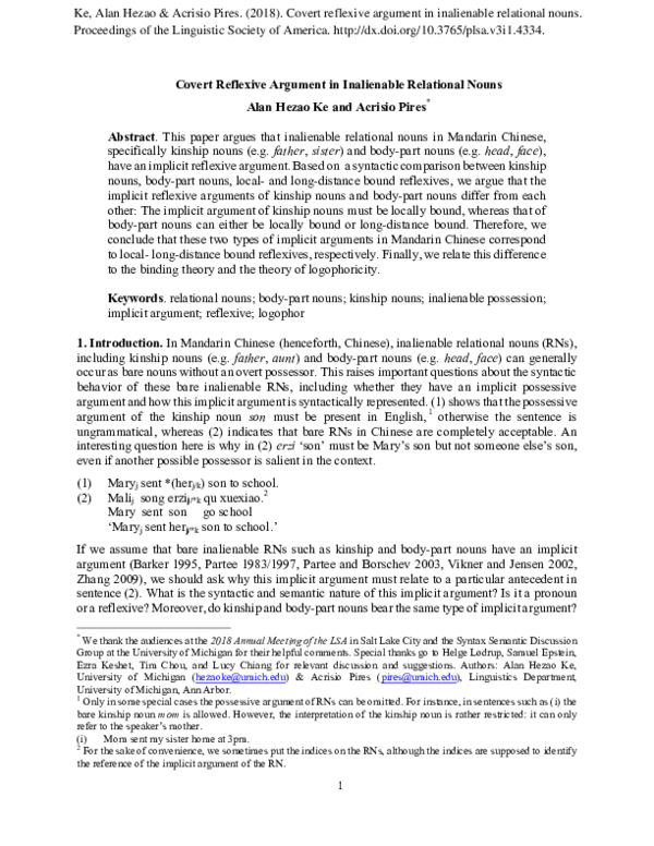 (PDF) Covert Reflexive Argument in Inalienable Relational Nouns