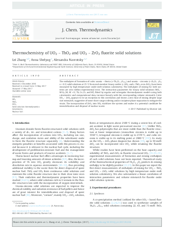(PDF) Thermochemistry of UO2 – ThO2 and UO2 – ZrO2 fluorite solid solutions