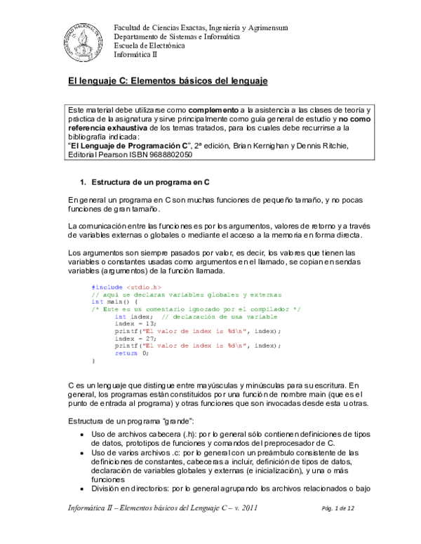 (PDF) El lenguaje C: Elementos básicos del lenguaje