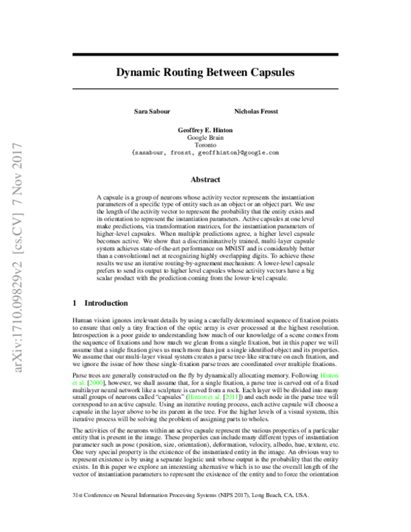 Pdf Dynamic Routing Between Capsules