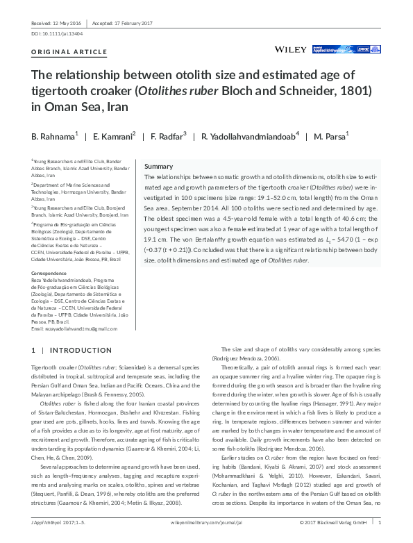 (PDF) The relationship between otolith size and estimated age of ...
