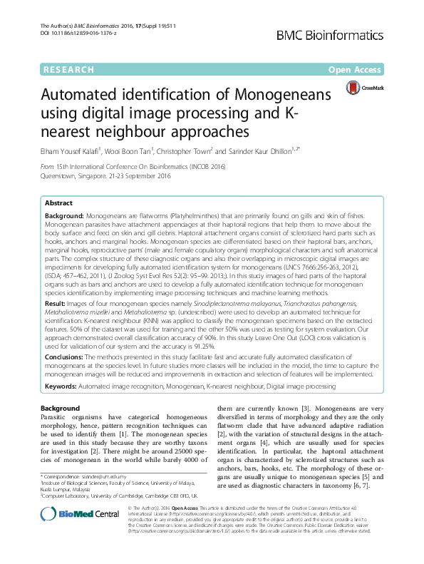 (PDF) Automated identification of Monogeneans using digital image processing and K- nearest ...