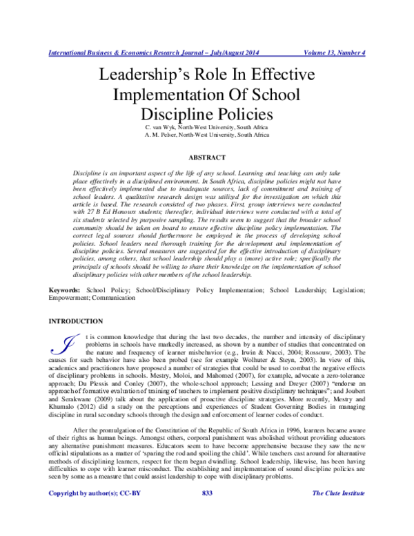Leadership's Role In Effective Implementation Of School Discipline Policies