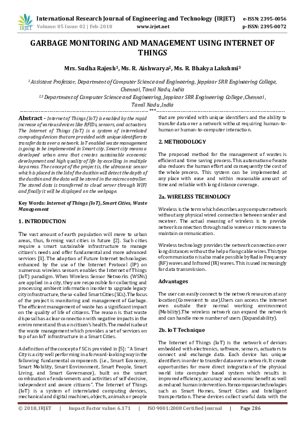 (PDF) GARBAGE MONITORING AND MANAGEMENT USING INTERNET OF THINGS